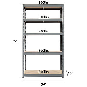 Trestles 36 x 72" Multipurpose 5 Tier Adjustable Storage Metal Frame Shelving Unit Boltless Utility Rack for Warehouses and Garages, 800 lb Capacity