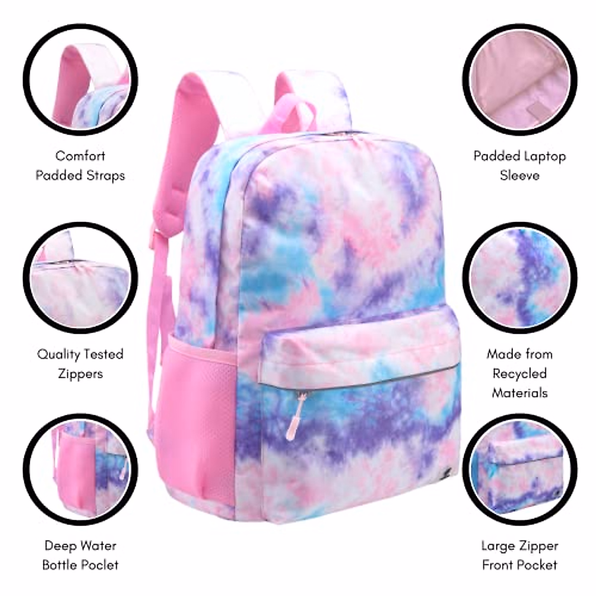 Fenrici Kids Backpack for Girls, Teens Recycled School Bag With Padded Laptop Compartment, Ideal for Everyday Use and Travel - 17 Inches (Pink Tie Dye)