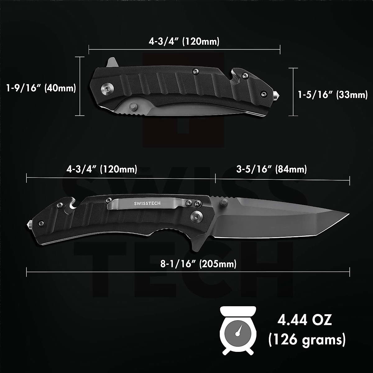 Swiss+Tech Folding Pocket Knife, Tactical Knife with 3.75" Tanto Blade, Pocket Clip, Glass Breaker, Seatbelt Cutter, Fit for Hunting Camping Survival, EDC, Self Defense, Perfect for Men & Women