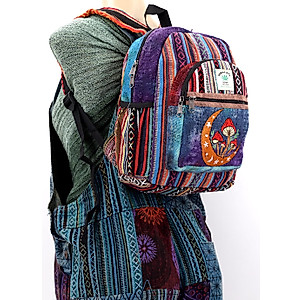 Unique Moon & Mushroom Embroidered Himalaya Hemp Hippie Backpack Festival Backpack FAIR TRADE Handmade with Love. (MINI)