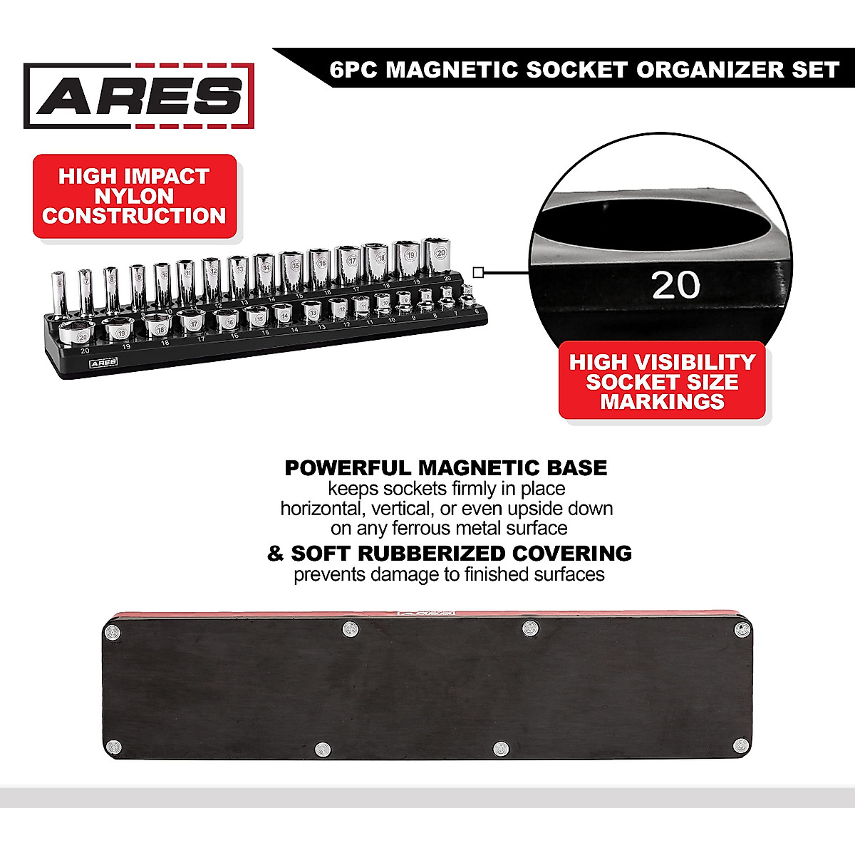 ARES 60160-6-Piece Magnetic Socket Organizers - Metric and SAE Set Black and Green -1/4 in, 3/8 in, 1/2 in Socket Holders -143 Pieces of Standard (Shallow) and Deep Sockets -Organize Your Tool Box