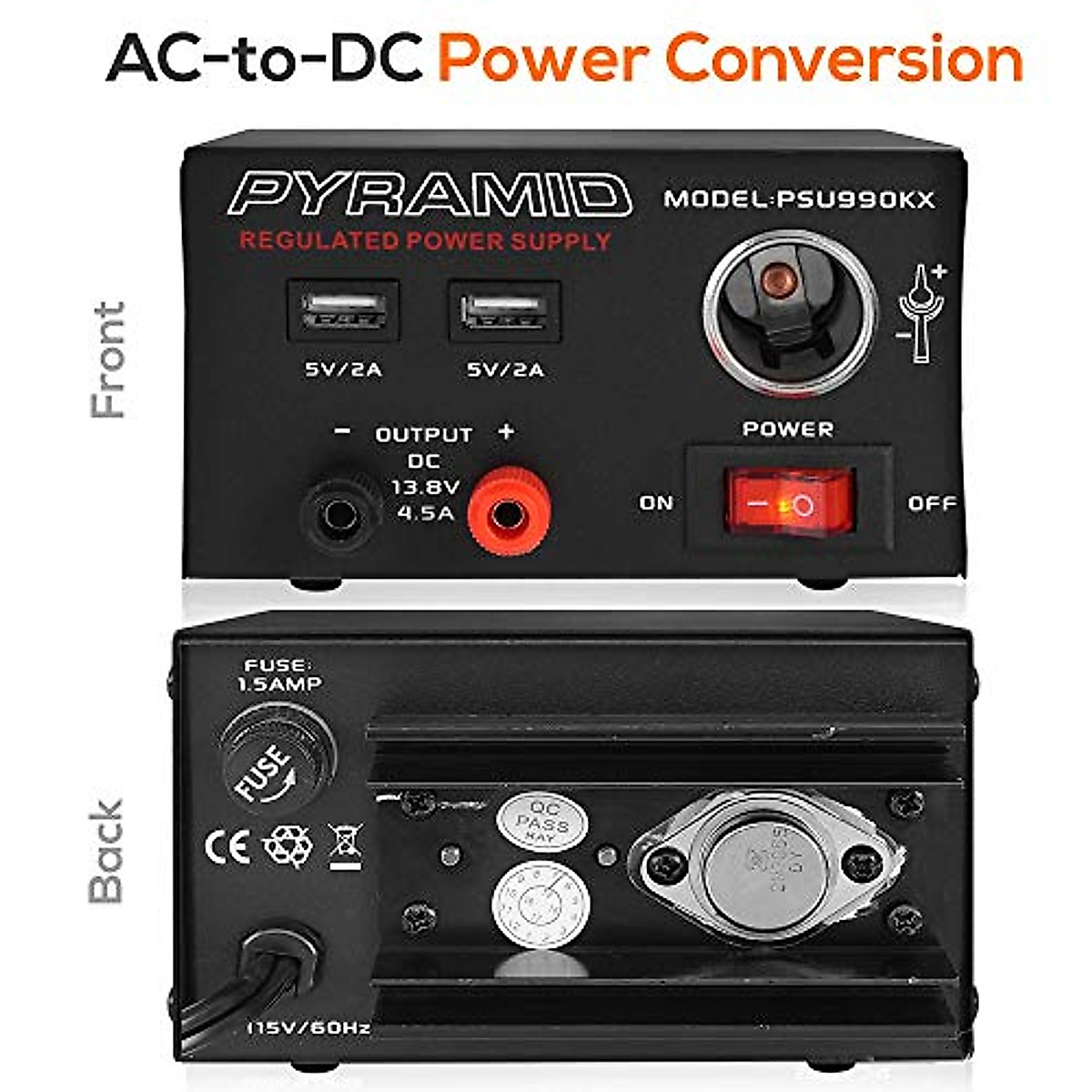 Pyramid Universal Compact Bench Power Supply - 7 Amp Regulated Home Lab Benchtop AC-Dc Converter Power Supply for CB Radio, HAM W/ 13.8 Volt Dc 120V AC Supply, Dual USB, Cigarette Lighter PSU990KX