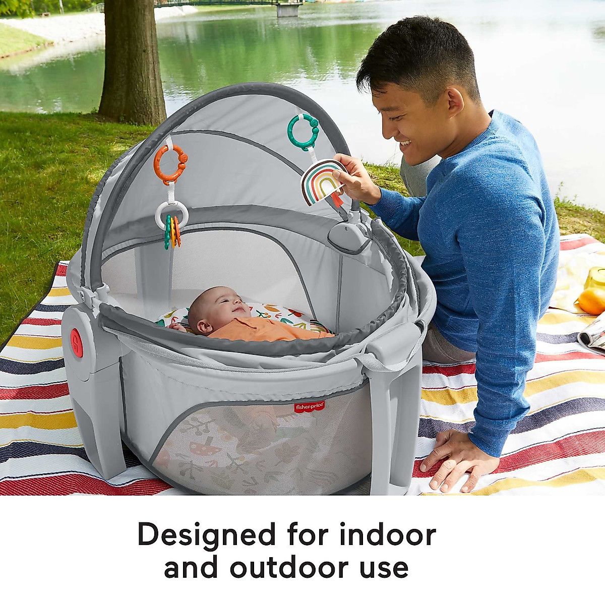 Fisher-Price Portable Baby Bassinet and Travel Play Area with 2 Toys, Indoor or Outdoor Use, On-The-Go Baby Dome, Whimsical Forest, HMV24