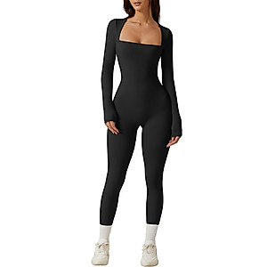 QINSEN Woman's Square Neck Long Sleeve High Waist Long Leggings Jumpsuit Black S