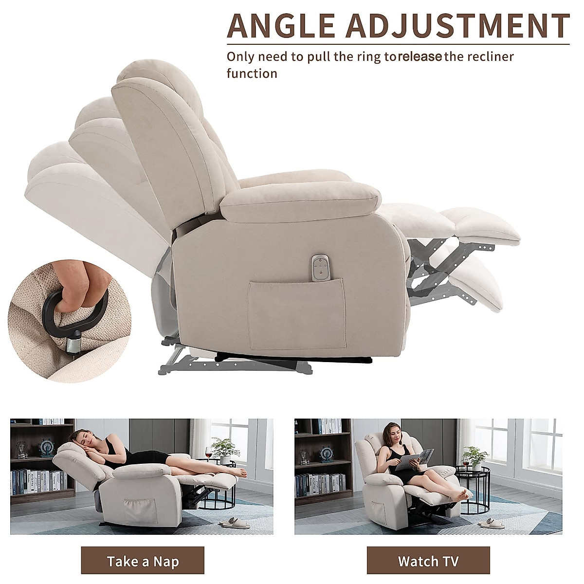 HOMHUM Massage Recliner Chair, Linen Fabric Recliner Chair modern rocker recliner chair with Heat and Vibration Function, Side Pockets Sofa Chair for Home Theater, Living Room, Beige