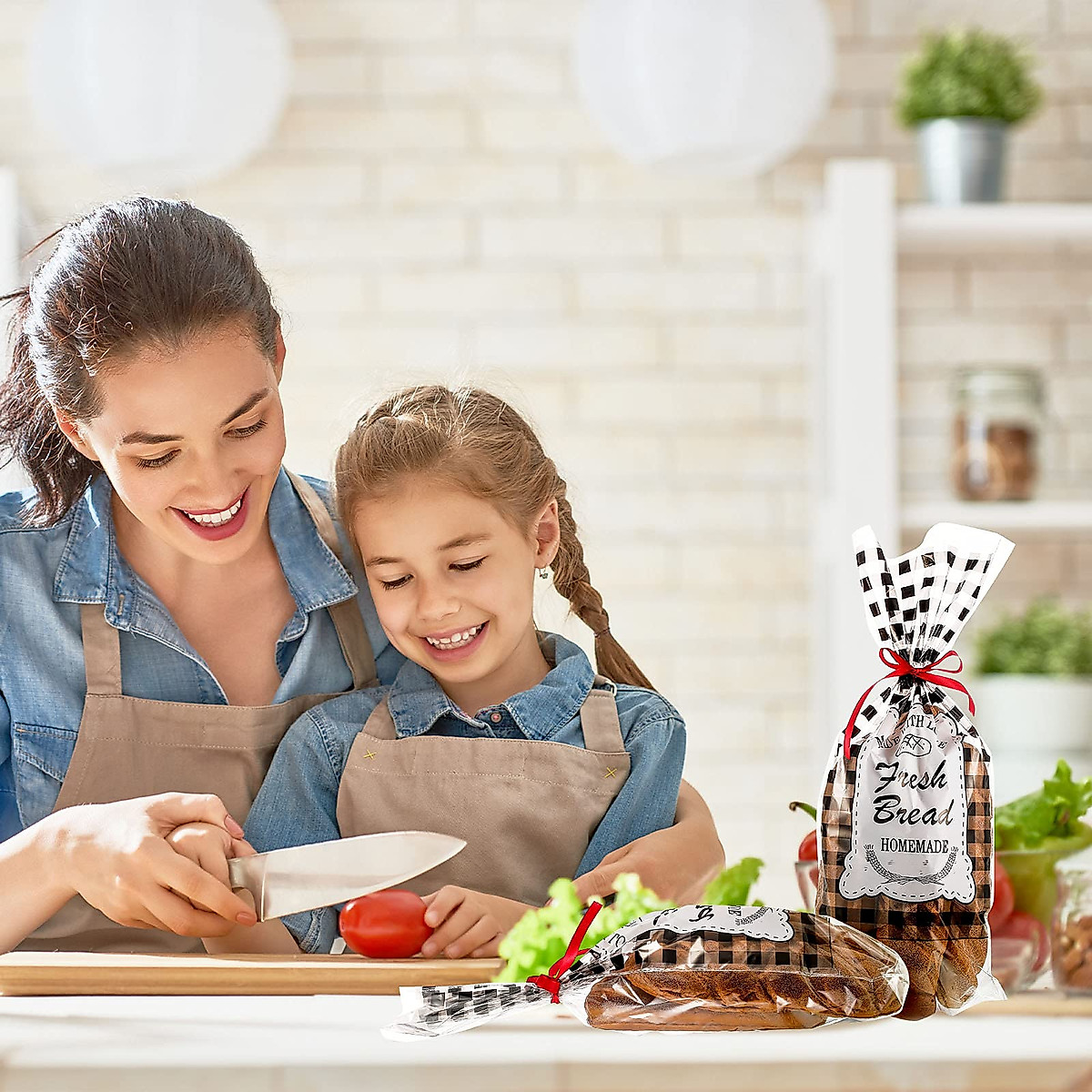 Plastic Bread Bags with 1 Roll Tie Ribbon Large Transparent Clear Bakery Bags Buffalo Plaid Grocery Christmas Bread Bags for Homemade Bread Daily Use, 18 x 8 Inch (100 Pieces)