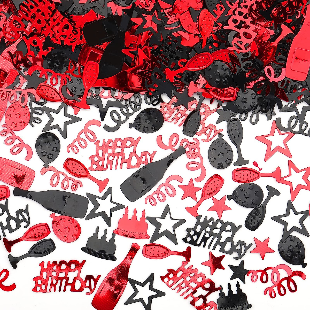 3000 PCS Red Black Happy Birthday Confetti Metallic Foil Stars Birthday Cake Balloon Confetti Table Scatter Confetti Decoration for Birthday Party Anniversary Baby Shower DIY Arts and Crafting