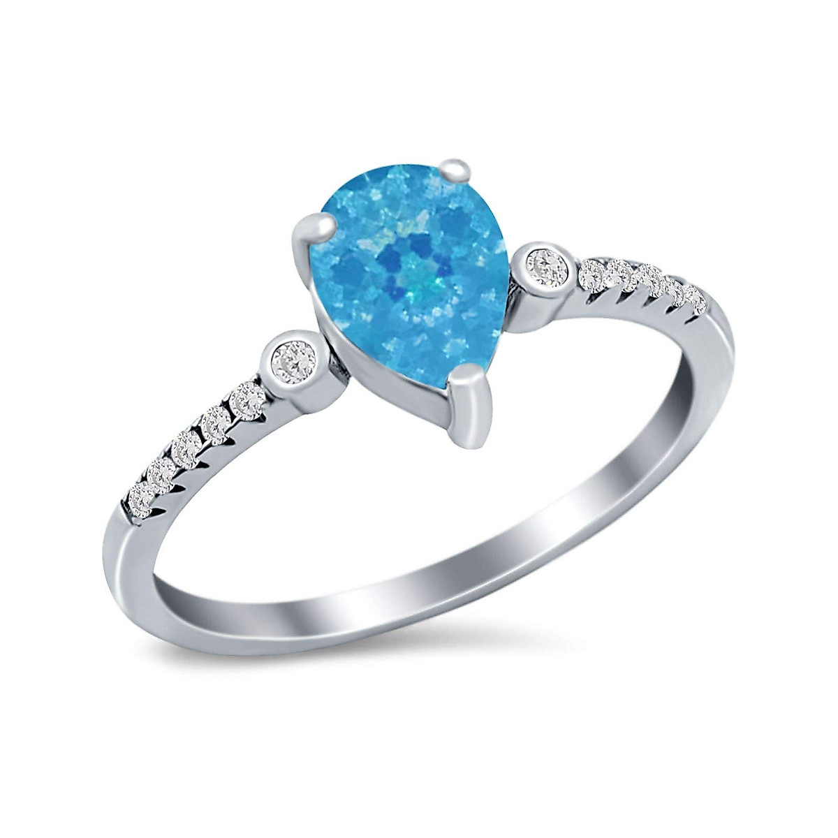 Lab Created Blue Opal Size-4 Art Deco Vintage Style Pear Teardrop Wedding Engagement Bridal Ring Round Simulated Cubic Zirconia 925 Sterling Silver