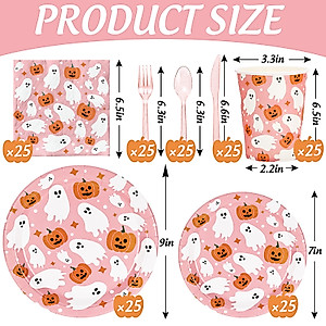 JarThenaAMCS Halloween Tableware Set Ghost Pumpkin Disposable Party Supplies Pink 9 & 7 Inch Paper Plates 6.5 Inch Napkins Cups and Cutlery for 25 Guests