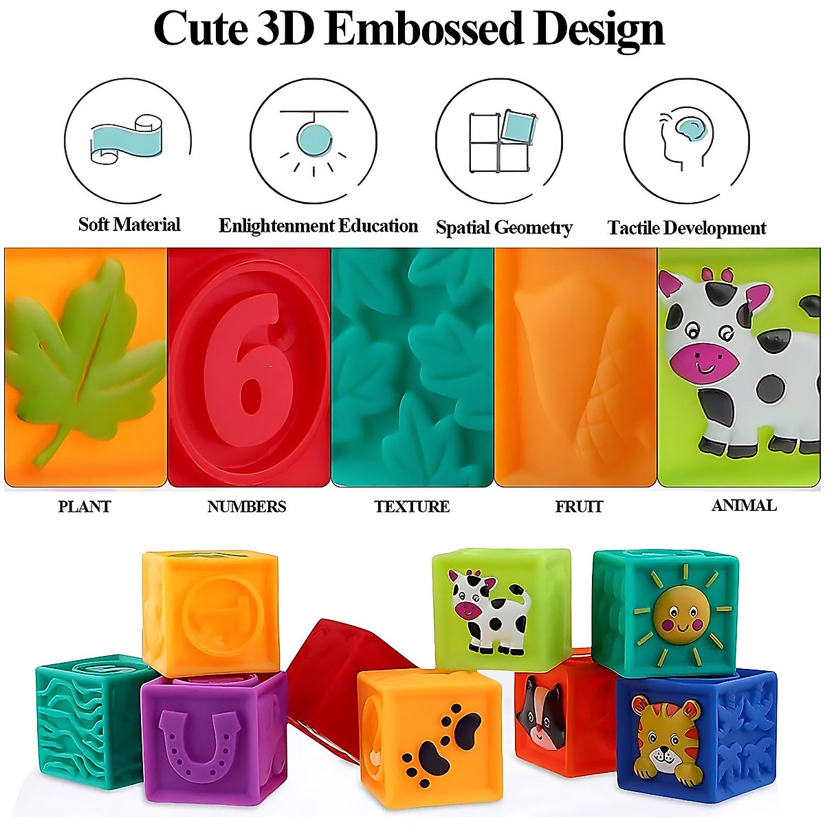 Kingtree Baby Blocks, 9PCS Soft Squeeze Building Blocks Stacking Toys for 6+ Months Babies, Baby Teething Chewing Educational Blocks Set with Numbers Animals Shapes Textures