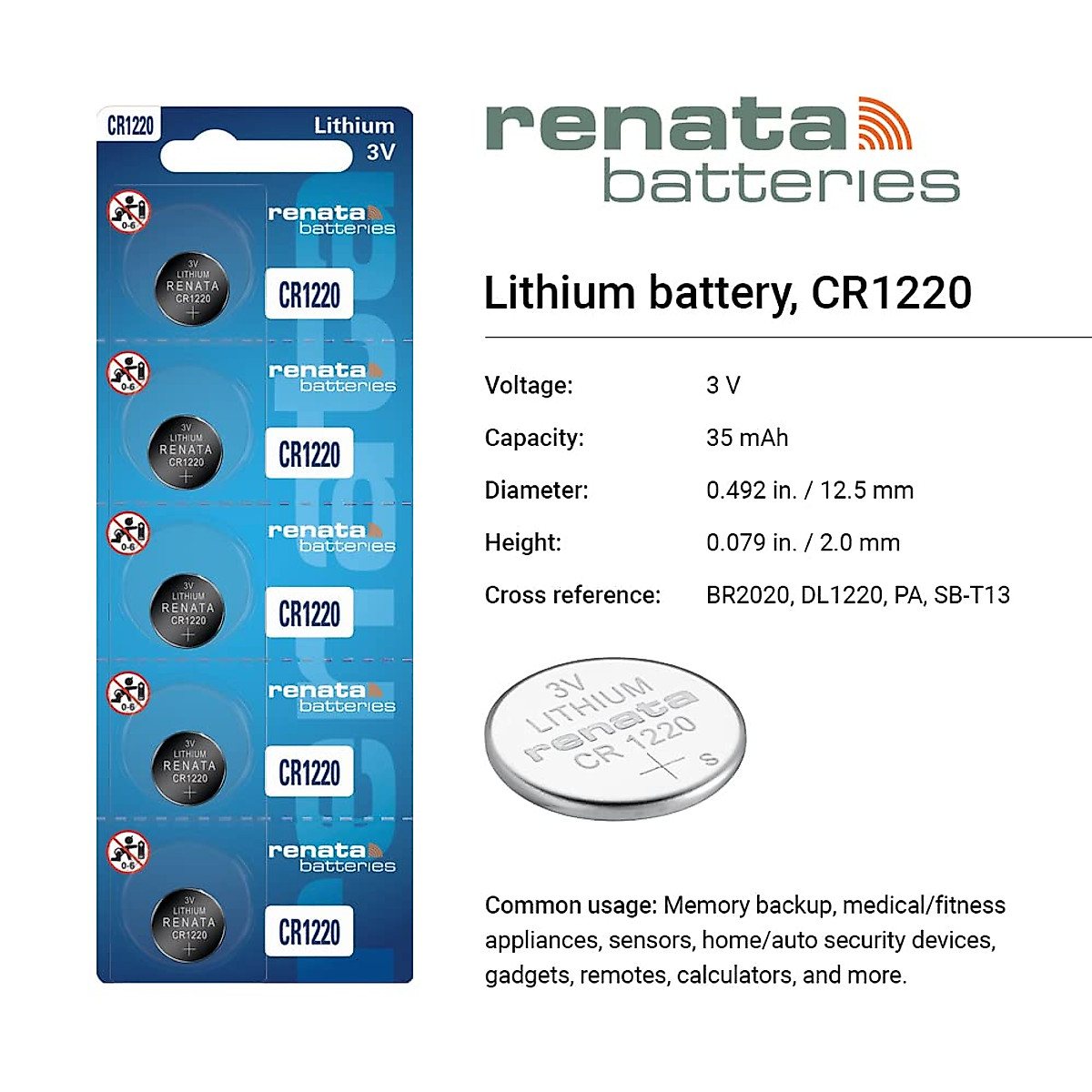 Renata CR1220 Batteries - 3V Lithium Coin Cell 1220 Battery (5 Count)