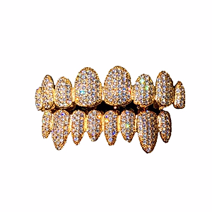 Shop-iGold 14k Gold Plated Joker Gold Grillz for Mouth Top Bottom Hip Hop Teeth Grills for Teeth Mouth Grillz for Mouth Top Bottom Hip Hop 8 Teeth Grills for Teeth Mouth Set