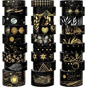 NANYNNU Black Washi Tape Set, 27 Rolls Black Gold Foil Decorative Masking Tape for Bullet Journaling, Scrapbooking Supplies, Watercolor Painting