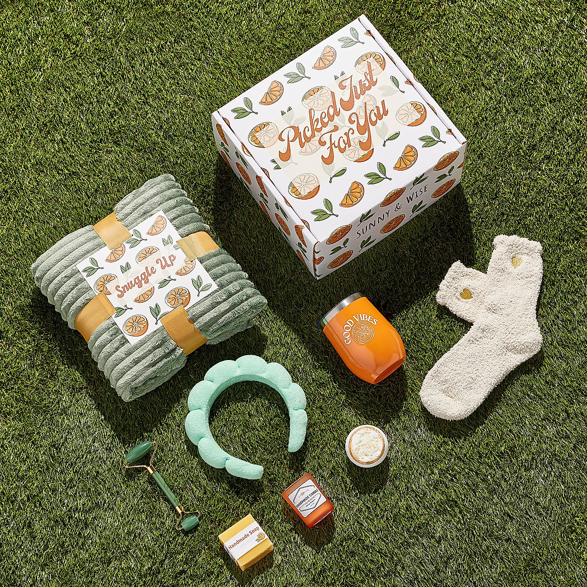 Sunny&Wise Care Package For Women, Self Care Gifts for Women, Get Well Gifts For Women After Surgery, Orange Fruit Themed, Thinking of You Gifts for Women with 12 Oz Good Vibes Tumbler