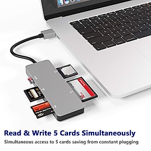 USB3.0 XD Card Reader, USB 3.0 (5Gps) High Speed TF/SD/MS/M2/XD/CF Memory Card Solt Combo Adapter, 6 in 1 Aluminum Card Reader,Compatible with Windows XP/Vista / 7/8 / 8.1/10, Mac OS, Linux