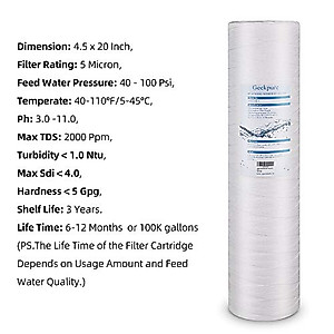 Geekpure Whole House String Wound PP Sediment Replacement Filter Cartridge-4.5" x 20"-5 Micron- Pack 4