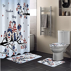 4Pcs Bath Set Home Decor, Freedom Gnomes Bathroom Waterproof Shower Curtain with Hook, 4th of July Patriotic Memorial Flag Day Large Runner Rugs, Toilet Lid Cover and U-Shaped Bath Mat, 66"x72"
