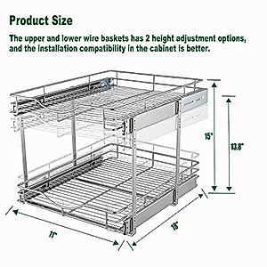 DINDON 2 Tier Pull Out Cabinet Organizer (11" W x 18" D) Heavy-Duty Metal Sliding Drawer Shelf, Two Tier Pull Out Shelves for Kitchen Cabinets, Pantry, Bathroom, Chrome Finish