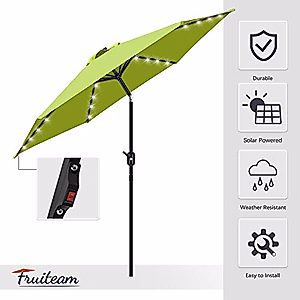 FRUITEAM 7.5 Feet Solar 24 LED Lighted Umbrella-Solar Umbrella Lawn and Garden w/Easy Tilt Adjustment, Market Umbrella Adjustment and Crank Lift System for Patio