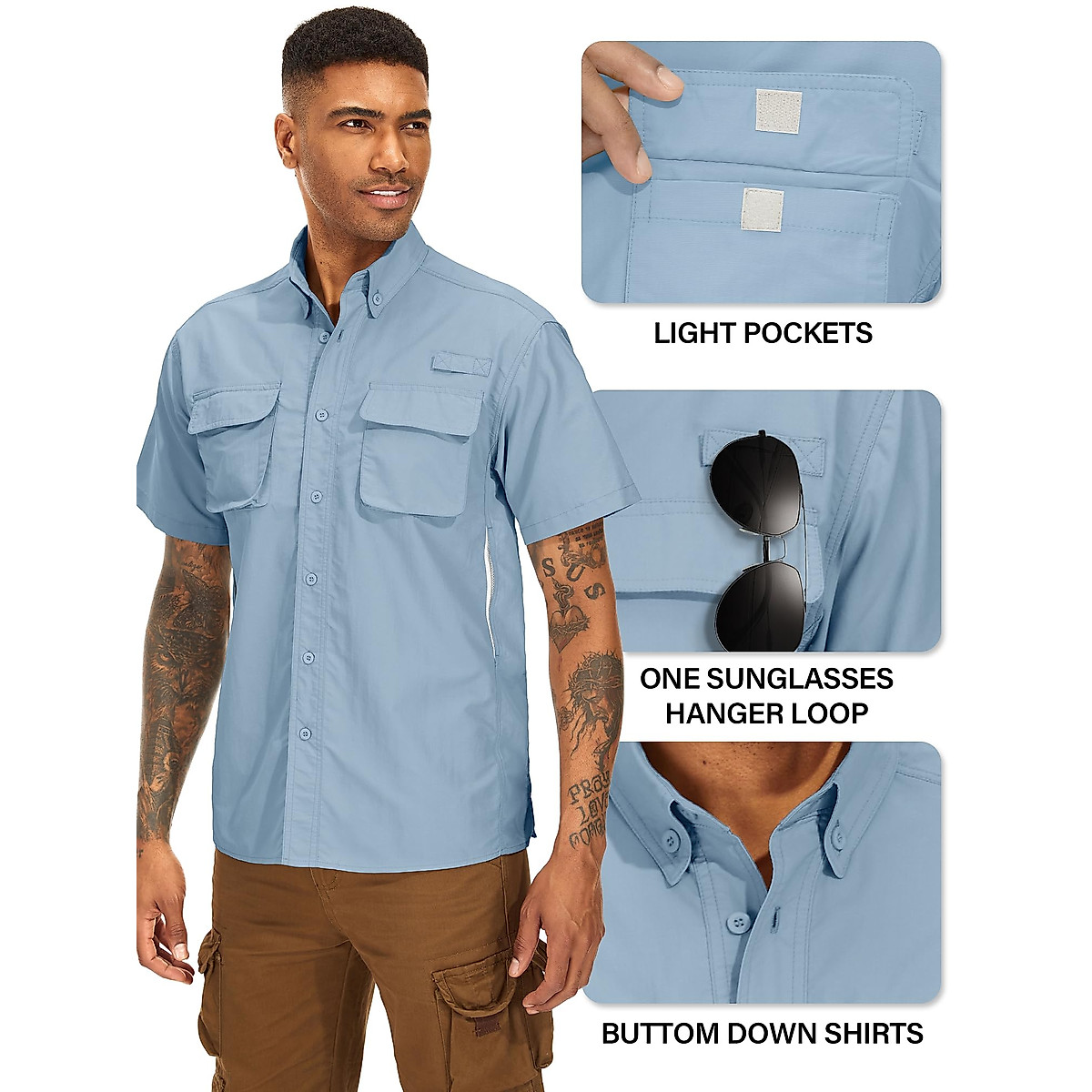mosingle Men's Fishing Shirts with Zipper Pockets UPF50 Sun Protection Safari Cool Short Sleeve Button Down Shirts Hiking(5018,Blue-L)
