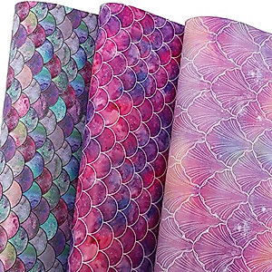 BULKYTREE Birthday Wrapping Paper with Cut Lines for Girls Boys Kids Women Men - 3 Large Sheets Galaxy Mermaid Scale Scallop Gift Wrap for Graduation Anniversaries - 27 Inch X 39.4 Inch Per Sheet
