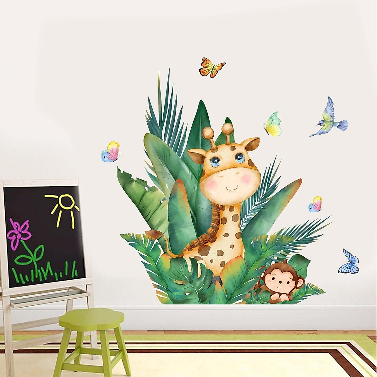 Green Plants Wall Decals Tropical Leaves Giraffe Wall Stickers Lettering Motivational Stickers for Bedroom Living Room Nursery Bathroom Classroom Playroom Home Decor (Animal)
