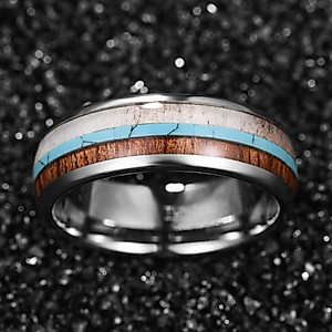 Vakki 8mm Koa Wood Tungsten Ring Deer Antler Turquoise Wedding Band Size 10