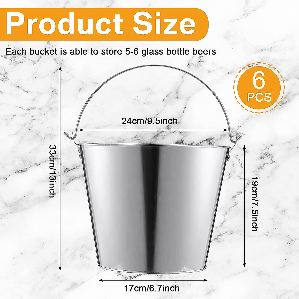 6 Pcs Galvanized Bucket 6.7 x 9.5 x 7.5 Inch Metal 5 L Ice Beer Bucket Silver Tin Large Metal Pail Steel Container with Handle for Wine Champagne Bar Kitchen Indoor Outdoor Holiday Party Supplies