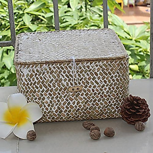 HAPYFURN Shelf Storage Boxes with Lid, Set of 2 Stackable Square Baskets for Shelves, Natural Seagrass Handwoven, Organizer Box of Cosmetics Keys Jewelry Needles Threads