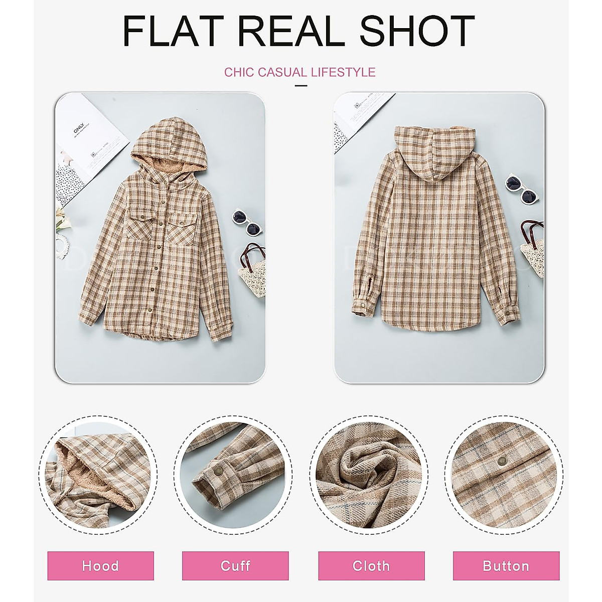 Dokotoo Shacket Jacket Women Fashion Plaid Oversized Hooded Long Sleeve Flannel Shirts Button Down Sherpa Coats Pocketed Casual Winter Fall 2024 Thick Fleece Lined Oversized Outerwear Khaki L