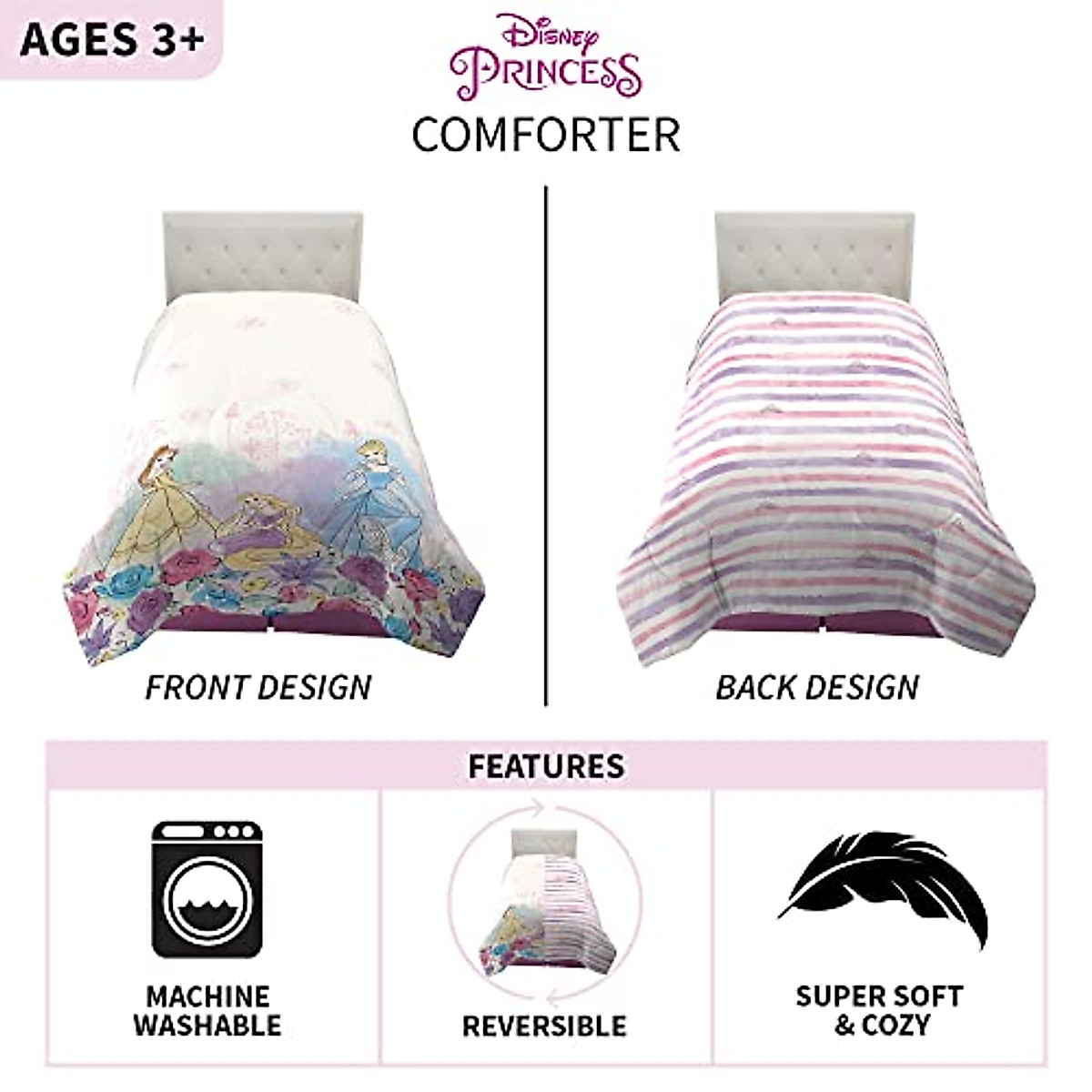 Franco Disney Princess Super Soft Plush Microfiber Reversible Comforter, Twin/Full, (Official) Disney Product