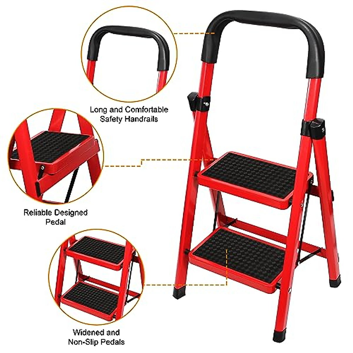 2 Step Ladder,Folding Step Stool with Handgrip and Anti-Slip Wide Pedal,Lightweight and Sturdy,Ideal for Home Kitchen Office Use.