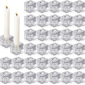 Hsei 36 Pcs Square Glass Taper Candle Holders Bulk 1.5 Inch Small Glass Candlestick Holders for 0.98 Inch Tapered Stick Candle for Wedding Halloween Thanksgiving Christmas Table Centerpiece(Clear)