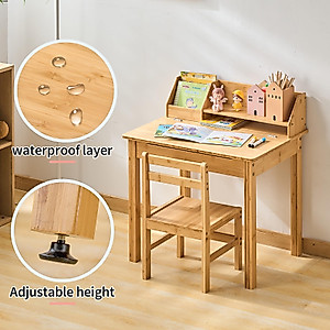 UNICOO® Kid Desk and Chair Set–Bamboo Lift-Top Child Desk with Storage and Hutch, Ideal Kids Desks for Homework, Compact Design for 3-8 Years Old, Small Kids Desk and Chair Set(C007-Nature)