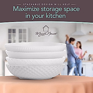 Maison Neuve Premium Porcelain White Dinner Bowls [Set of 4]- 34oz Dinnerware Kitchen Bowls For Soup, Noodle, Pasta, Salad, Cereal, Dessert- Durable Dishwasher-Safe 8.5” Serving Bowls- Textured White