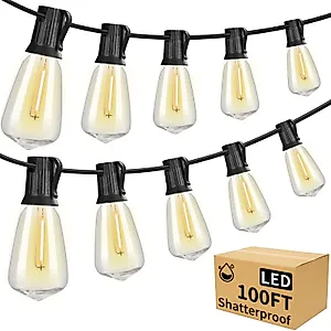 Vocevos LED Outdoor String Lights 100Ft with 52 Waterproof Shatterproof ST38 Vintage Edison Bulbs, Outside Outdoor Lights for Patio Lights Outdoor Lighting, Cafe, Bistro, Backyard, 2700K Dimmable