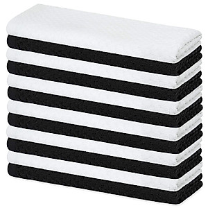 Dish Cloth Towels [12x12] Black and White Dobby Weave Kitchen Dish Towels, Soft and Real Absorbent 100% Cotton - Machine Washable - 12 Pack