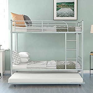 Lostcat Twin Over Twin Bunk Bed with Trundle,Heavy Duty Twin Size Bunk Beds Frame with Safety Guardrails and ladders,Can be Divided Into Two Beds,for Kids/Teen/Adults,No Box Spring Needed,Silver