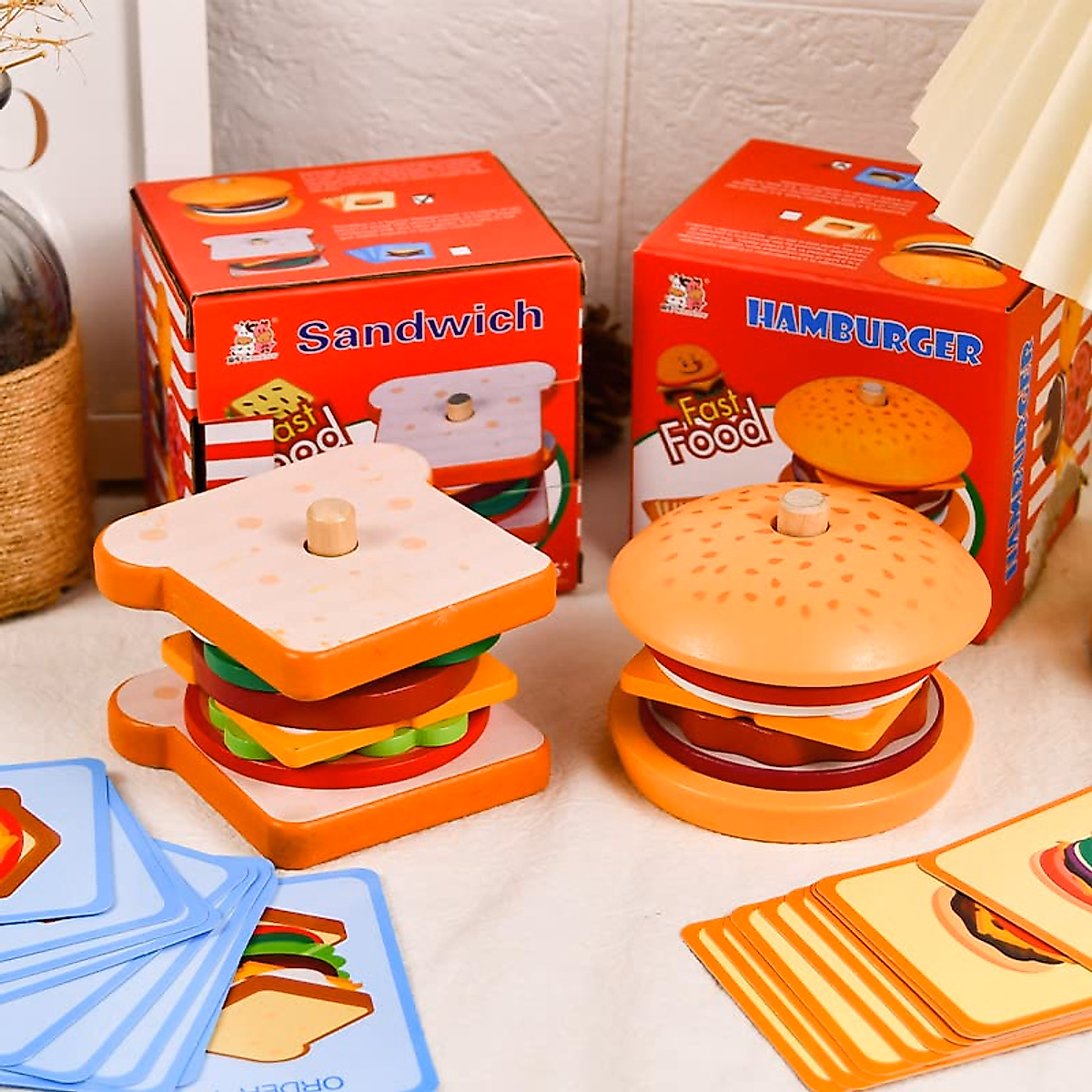 eamve Montessori Toys for Toddlers,Wooden Burger Sandwich Sorting & Stacking Toys for Toddlers and Kids Preschool,Burger Sandwitch Wooden Preschool Educational Toys for Gift 3,4,5 Years Old(2 Sets)
