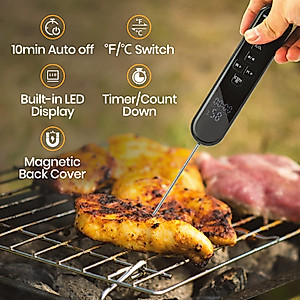 Circrane Digital Instant Read Thermometer, LED Hight Bright Screen with Huge Digits and Alarm, Meat Thermometer for Grilling, Cooking and BBQ, Black