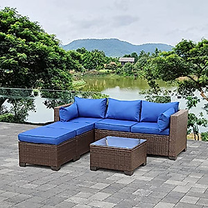 Outdoor Patio Brown Rattan Furniture Set 4 Piece PE Wicker Sectional Sofa Garden Couch with Royal Blue Cushion