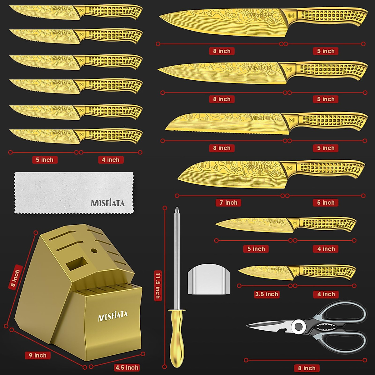 MOSFiATA Kitchen Knife Set, 17 Pcs Japanese Stainless Steel Knife Sets for Kitchen with Block with Knife Sharpening Rod, Dishwasher Safe, Gift Set,Titanium Plated Knife Block Set
