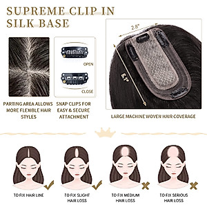 Hairro Hair Toppers for Women Human Hair No Bang, Clip in Real Hairpieces, Breathable Silk Base for Covering Greyish Hair on Top/Thinning Hair/Hair Loss, 14 Inch Natural Black