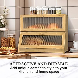 LOHASOK Double Layer Bamboo Bread Box for Kitchen Counter-Large Capacity Bread Storage Container Farmhouse Bread Box with Window Bread Holder… (Natural Bamboo)
