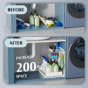 VERIFOST Under Sink Organizer, Under Kitchen Sink Organizers and Storage with Pull Out Drawer, Bathroom Storage Organizer with 2 Removable Hanging Baskets, L-Shaped Under Cabinet Organizer, White