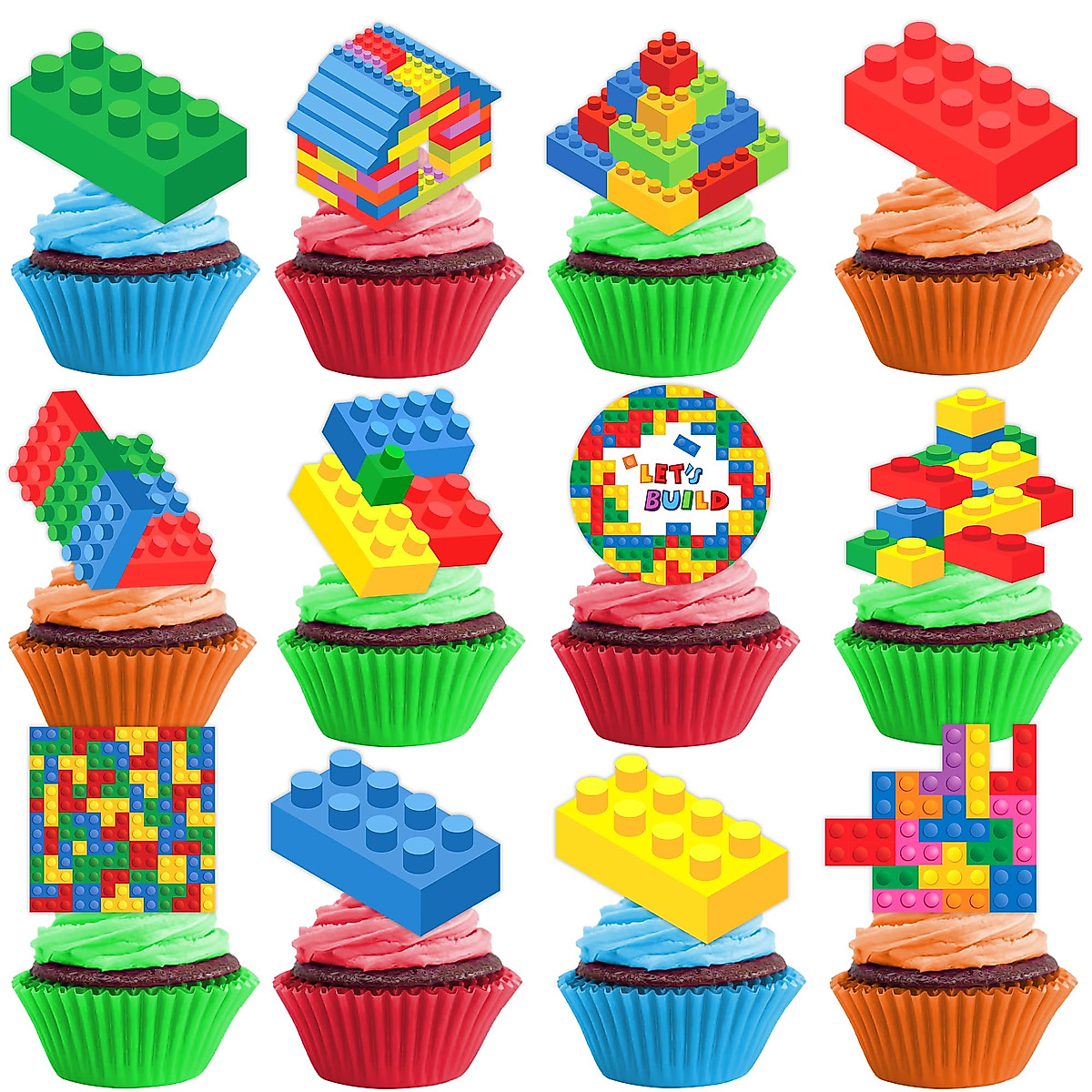 25 PCS Building Blocks Block Theme Happy Themed Birthday Party Cake Topper Cupcake Toppers Favors Supplies Decorations Decor Construction Gifts for Games Boys Girls Kids Baby Shower Rewards Carnival