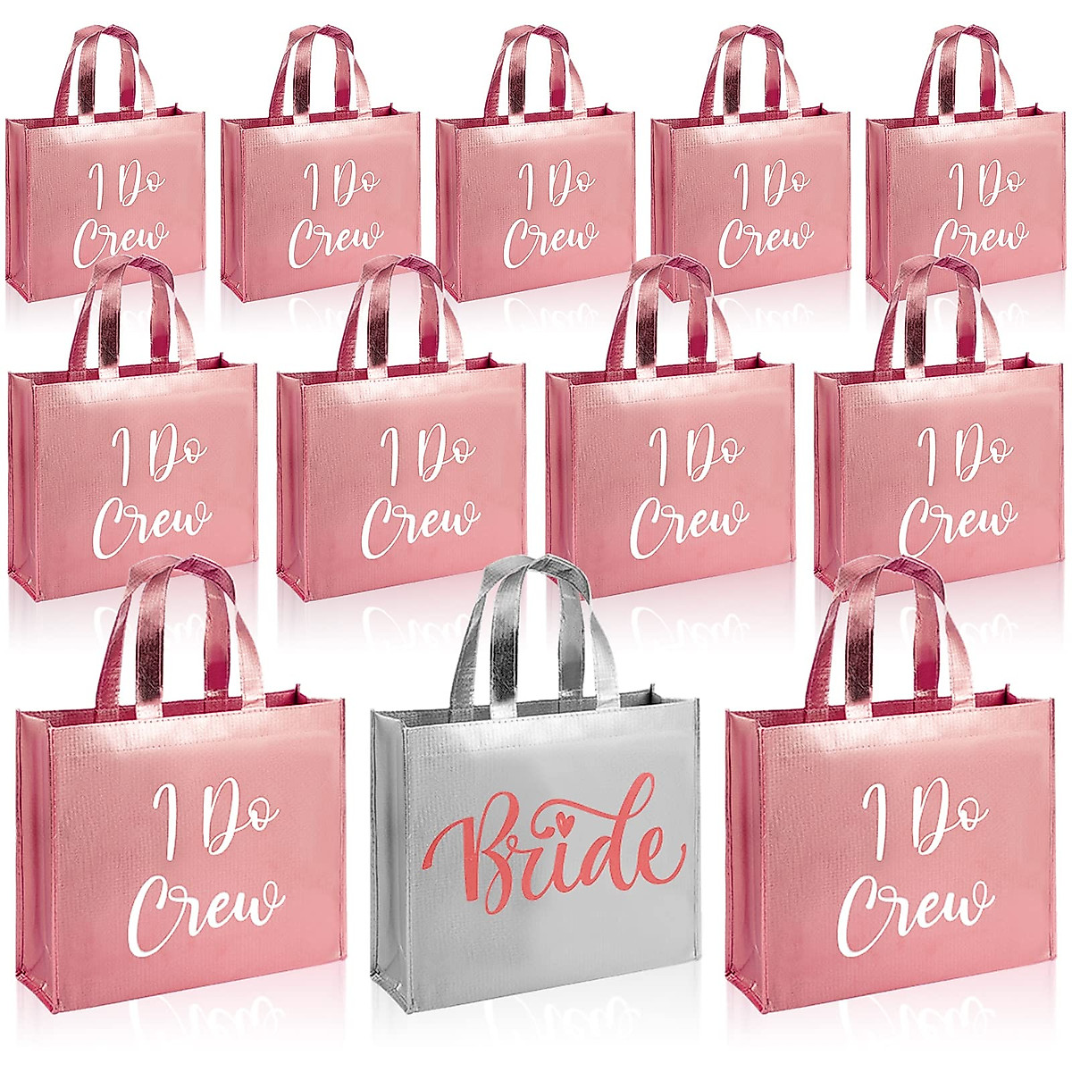 12 Pcs Bridesmaid Gift Bags with I Do Crew Gift Bags Glossy Reusable Grocery Bags for Bridal Gift (Silver, Rose Gold)