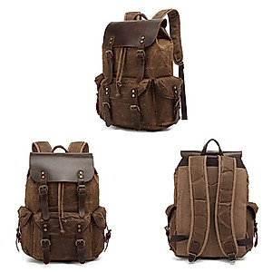 Jahomieo Vintage Leather Backpack for Men, Waxed Canvas Laptop Shoulder Rucksack for Travel Hiking