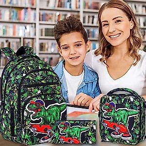 CCJPX 3PCS Kids Backpack for Boys, Dinosaur School Bookbag with Lunch Box, 17 Inch Laptop Backpacks for Teen Boy