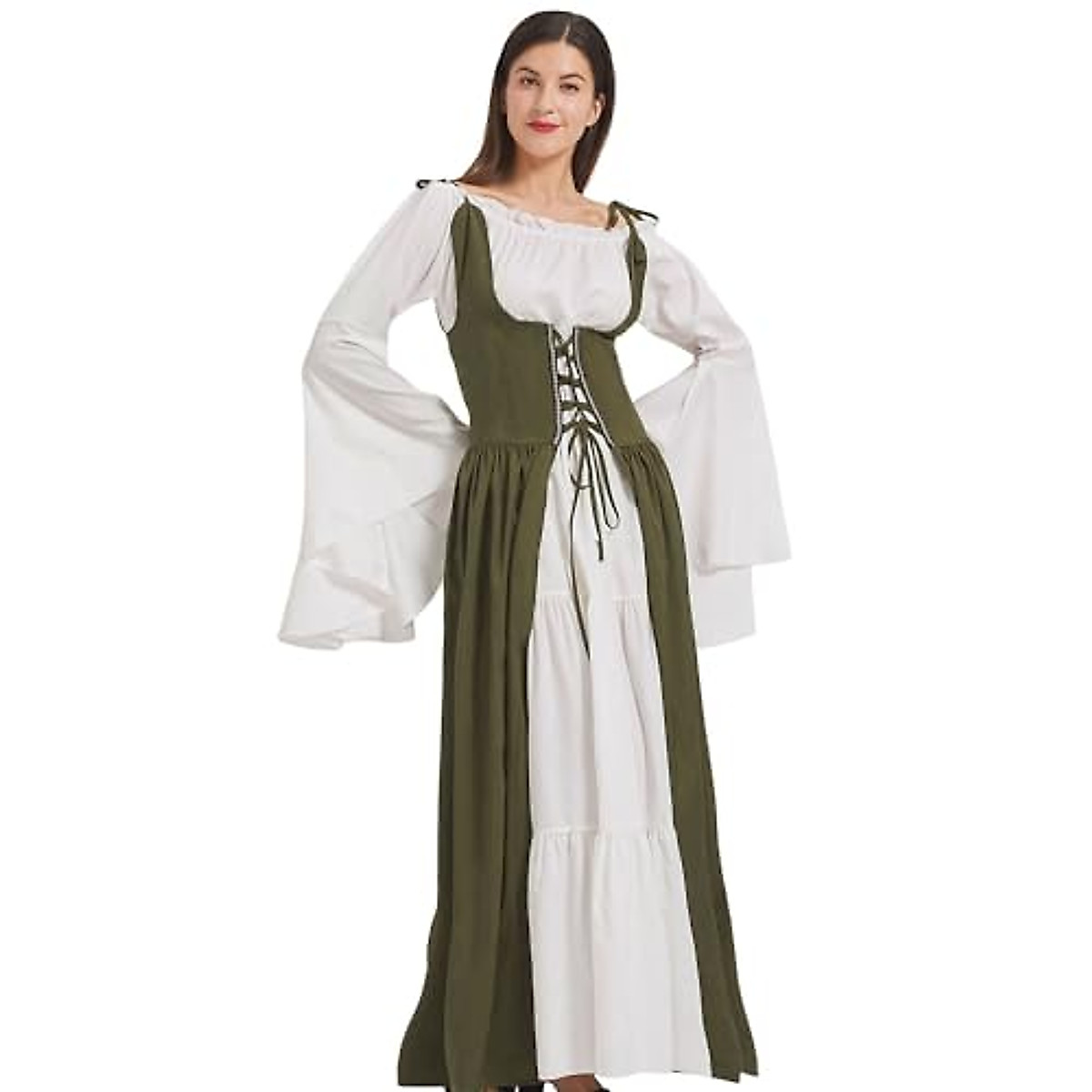 Vianinfalo Renaissance Dress Women Irish Medieval Pirate Costume Ren Faire Dresses Halloween Costume (Olive S/M)